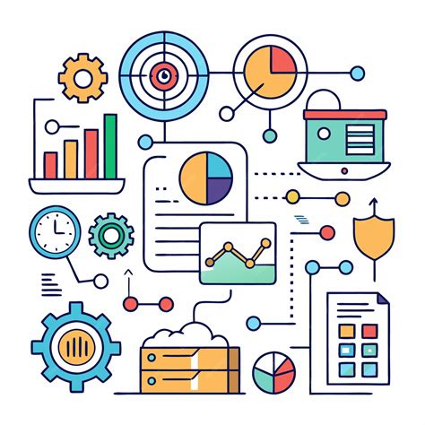 Colorful Infographic Showing Gears Bar Charts Pie Charts And A Server