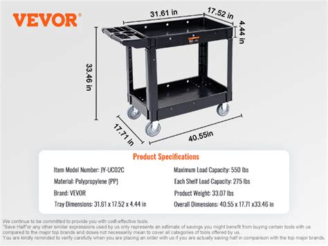 Vevor Utility Service Cart 2 Shelf 550lbs Heavy Duty Plastic Rolling