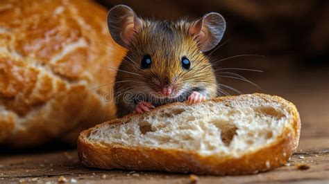 Sweet Little Mouse Enjoying A Slice Of Fresh Bread On A Rustic Wooden Table In Natural Light