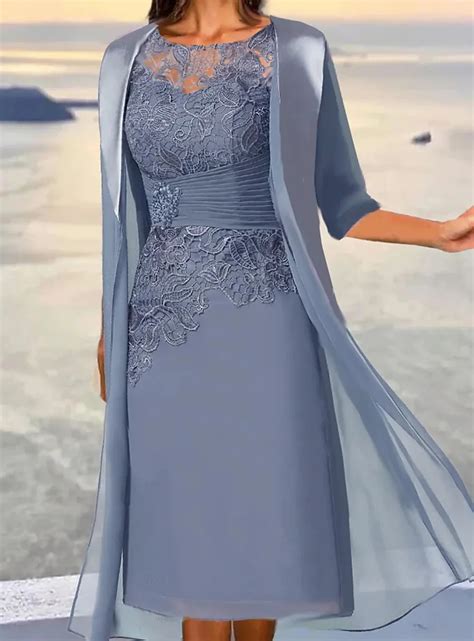 2023 Neue Blau Chiffon Halbe H Lse Mutter Der Braut Kleider Knie L Nge