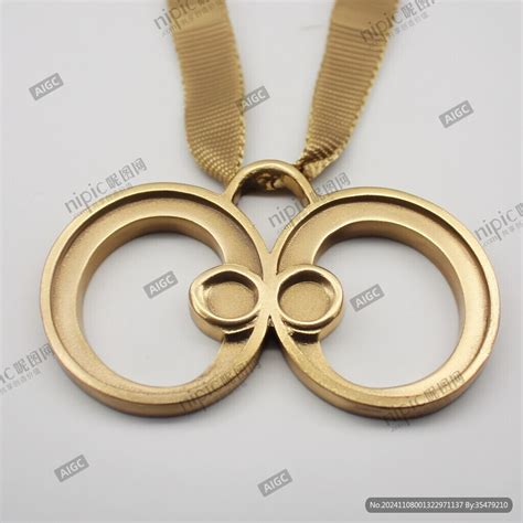 Ai创作图高档个性金 奖牌颈带logo 个性金高贵 囍子铜环拉手 牛首金扣环 5g黄金首饰 衔环装饰物 三环金耳饰 5d硬金 金饰修图 K金亚克力首饰 奖牌织带logo 纯金金色黄金 18k