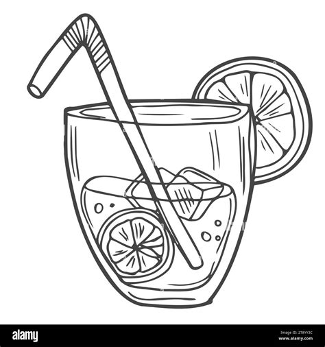 Vector Sketch Illustration Glass Of Lemonade With Lemon Slice Ice