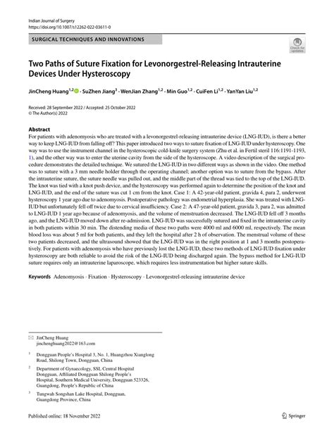 Pdf Two Paths Of Suture Fixation For Levonorgestrel Releasing Intrauterine Devices Under