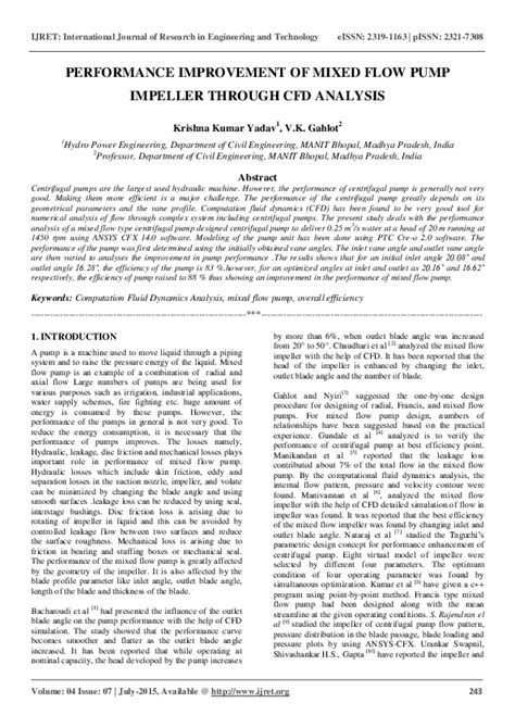 Pdf Performance Improvement Of Mixed Flow Pump Impeller Through Cfd