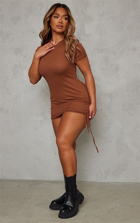 Shape Chocolate Brown Rib Bodycon Dress Shape Prettylittlething