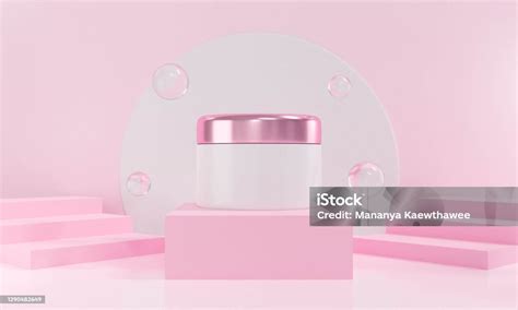 유리 공과 연단 무대와 핑크 파스텔 배경 추상 장면에 고립 된 빈 흰색 화장품 크림 항아리의 3d 렌더링 스탠드 빈 패키지 모형
