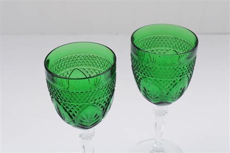 Antique Pattern Emerald Green Clear Stem Glass Goblets Water Or Wine