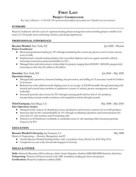 Entry Level Project Coordinator Resume Example For Resume Worded 45440