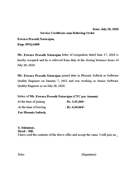 Eswara Prasath Relieving Order Pdf