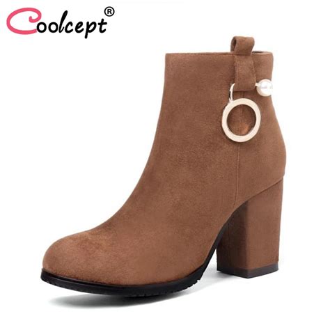 Coolcept Women High Heels Ankle Boots Winter String Bead Warm Fur Shoes