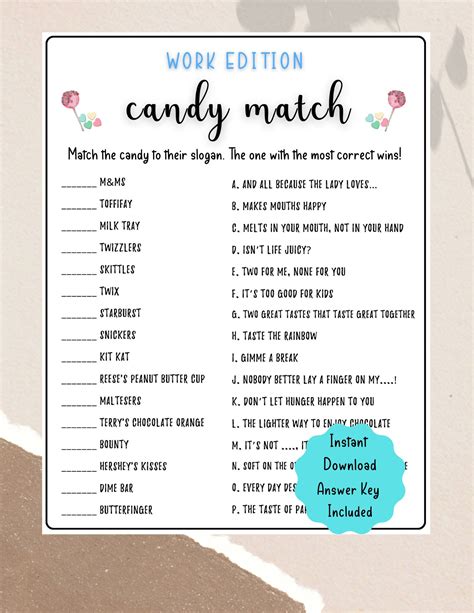 Office Party Printable Candy Match Game Coworker Staff Game Fun Work