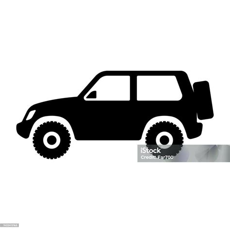 Suv 아이콘 오프로드 차량 블랙 실루엣 측면 보기입니다 벡터 간단한 평면 그래픽 그림 흰색 배경에 격리된 개체입니다 격리 4x4 자동차에 대한 스톡 벡터 아트 및 기타