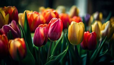 Vibrant Tulip Bouquet In Formal Garden Setting Generated By Ai Stock