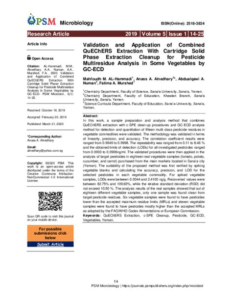 Pdf Validation And Application Of Combined Quechers Extraction With Cartridge Solid Phase