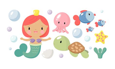 만화 바다 캐릭터 귀여운 인어 해파리 바다 거북이 불가사리 물고기 베이비 샤워 초대장 생일 카드 스티커 지문 등에 좋습니다
