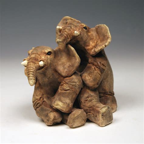 Two Playful Ceramic Elephants Sculpture Intricate Handmade Small