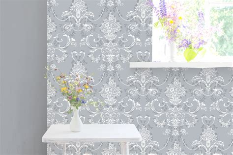Amie Damask Dusky Blue Wallpaper Noblettswallpaper