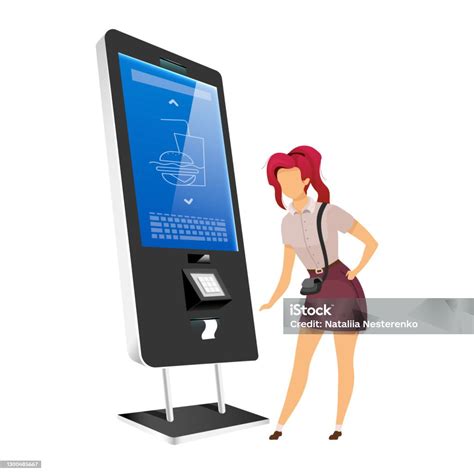 자판기 키오스크 플랫 컬러 벡터 얼굴없는 캐릭터를 가진 여자 셀프 서비스 푸드 카운터 흰색 배경에 고립 된 만화 일러스트 인터랙티브 스크린이 있는 레스토랑 결제 보드