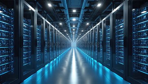 Data Center Server Room High Tech Facility With Rows Server Racks Lit Up With Blue Lights