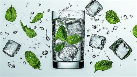 A Glass Of Water With Ice Cubes And Mint Leaves Stock Image Image Of