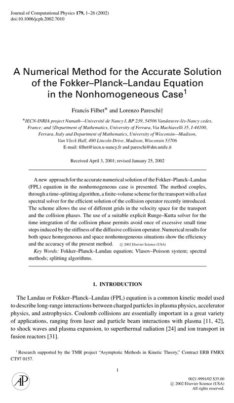 Pdf A Numerical Method For The Accurate Solution Of The Fokker Planck
