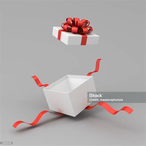 빨간 리본이 달린 흰색 선물 상자 또는 흰색 선물 상자와 그림자 최소한의 개념적 3d 렌더링이 있는 짙은 회색 배경에 격리된 활