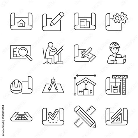 Engineering Drawing Icons Set Blueprint Linear Icon Collection