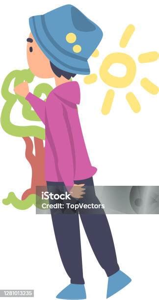 벽에 태양과 나무를 그리는 귀여운 소년 화려한 분필 연필과 크레용과 아이 그림 만화 스타일 벡터 일러스트 뒤에서 보기 독일에