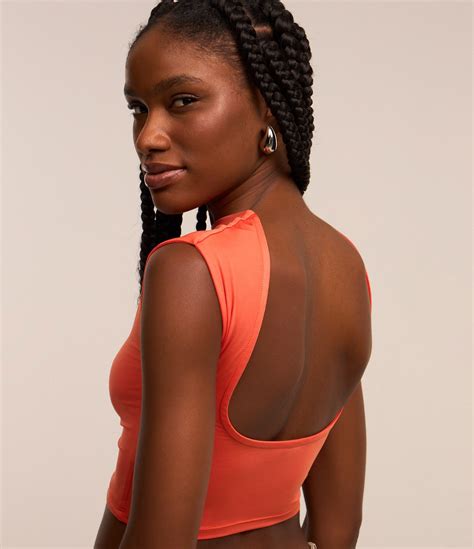Blusa em Jersey Costas Abertas e Sem Mangas Laranja Salmão