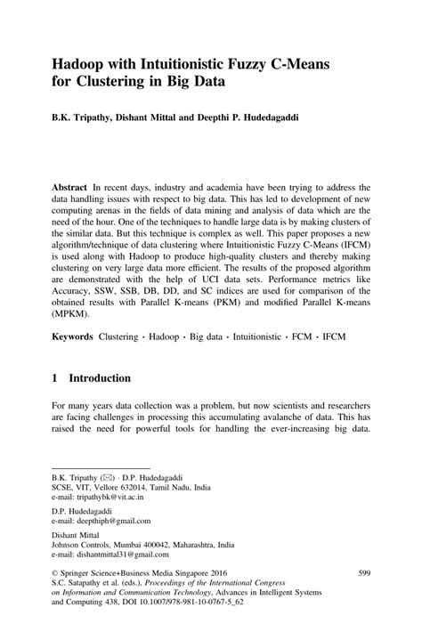 Pdf Hadoop With Intuitionistic Fuzzy C Means For Clustering In Big Data