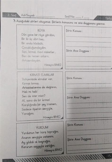 Sinif Adisoyado Sinifno Aşağıdaki şiirleri Okuyunuz Şiirlerin Konusunu Ve Ana Duygusunu
