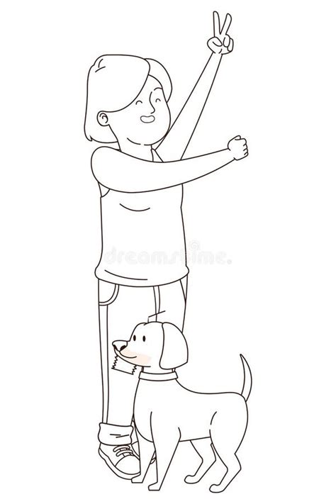 Teenager Smiling And Walking The Dog Cartoon In Black And White Stock