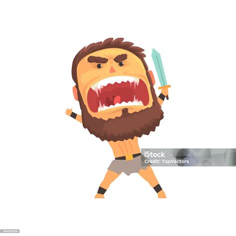 감정적인 얼굴 만화 문자 벡터 일러스트와 함께 분노 남자 칼으로 공격 하는 전사 비명 남자에 대한 스톡 벡터 아트 및 기타