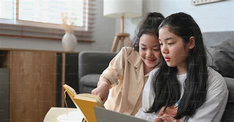 Lovely Asian Girl Surfing Internet On Laptop While Sitting With Her
