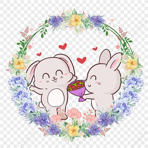 귀여운 동물 일러스트 커플 토끼 꽃 화환연인축하하다 Png 일러스트 무료 다운로드 Lovepik