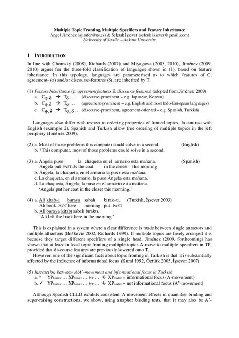 pdf multiple topic fronting multiple specifiers and feature inheritance