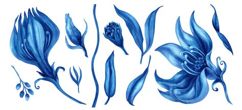 추상 블루 매직 꽃과 초대장 패턴 직물 벽지 스티커에 대한 나뭇잎의 손으로 그린 수채화 그림 요소는 흰색 배경에 격리되어 있습니다 그래픽 프린트에 대한 스톡 벡터 아트 및