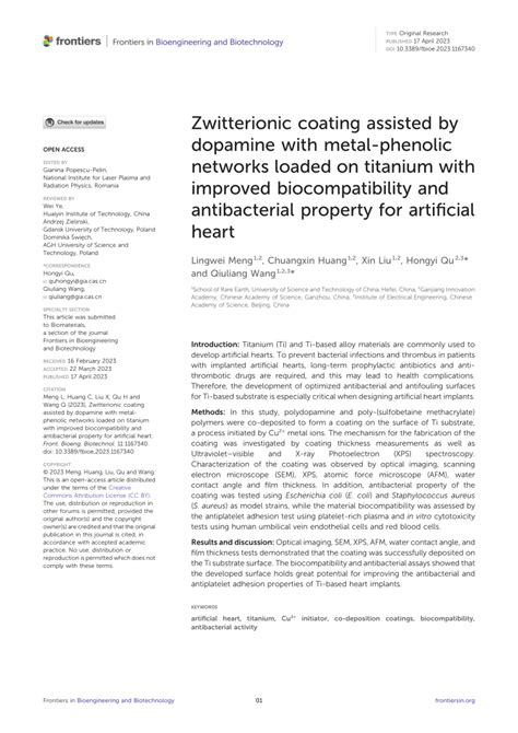 Pdf Zwitterionic Coating Assisted By Dopamine With Metal Phenolic