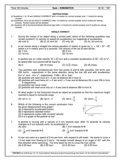 Kinematics Quiz By Ruchir Arora Pdf Velocity Acceleration