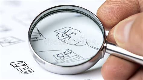 Hand Holding Magnifying Glass Over Detailed Document Drawings Stock