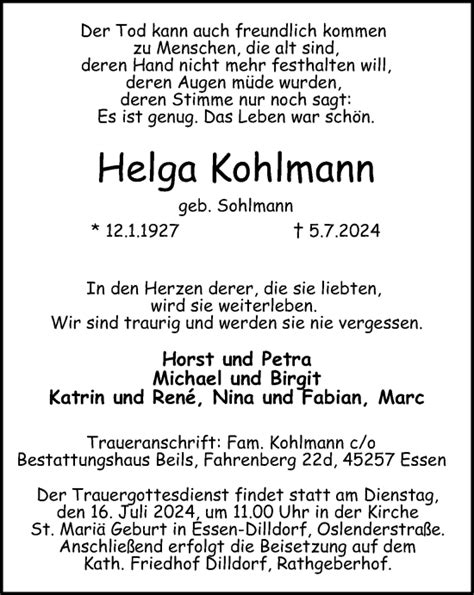 Traueranzeigen Von Helga Kohlmann Trauer In Nrw De
