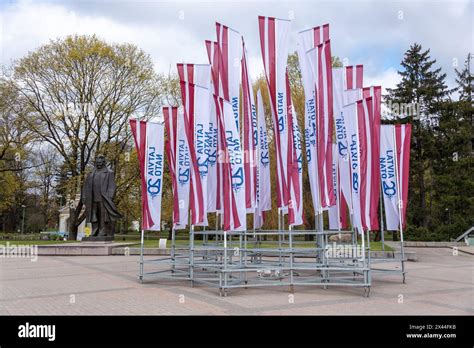 Latvian Flags With The Inscription Latvija Nato 20 Fly At The Monument