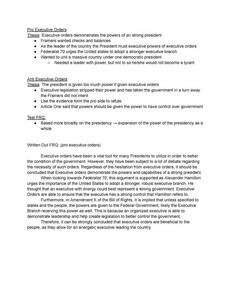 FRQ Argumentative Essay Pro Executive Orders Thesis Executive Orders