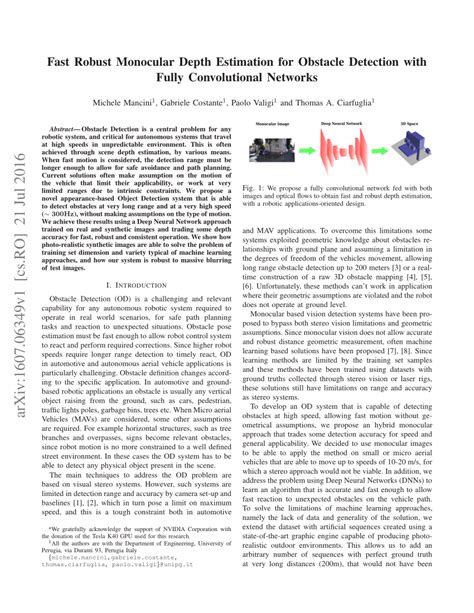 Pdf Fast Robust Monocular Depth Estimation For Obstacle Detection With Fully Convolutional