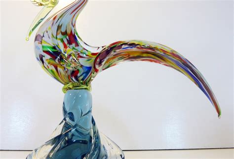 Venetian Murano Art Glass 12 Tall Heron Crane Egret Swan Bird Figurine Multicolor W Blue Base