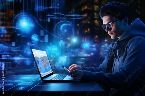 Programmer Gray Hoodie And World Map On Laptop Screen With Holograms