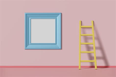 사각형 모형 사진 프레임 파란색 은 계단 근처 분홍색 벽에 매달려 추상 멀티 컬러 아이 만화 개념입니다 3d 렌더링 0명에 대한
