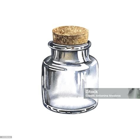 코르크가 든 빈 유리 병 흰색 배경에 격리합니다 수채화 손으로 그린 그림입니다 의료 제형 전단지 배너의 디자인 라벨용 화장품 및 향수 포장 0명에 대한 스톡 벡터 아트 및