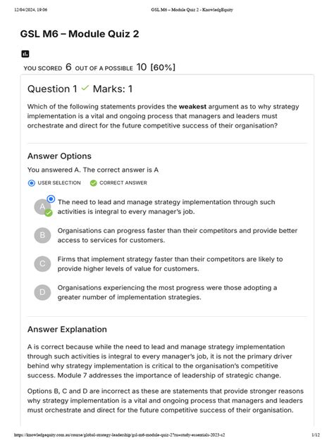 Gsl M6 Module Quiz 2 Knowledgequity Pdf Strategic Planning