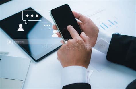 Human Hand Using Smartphone Typing Chatting Conversation In Chat Box Icons Pop Up Social Media